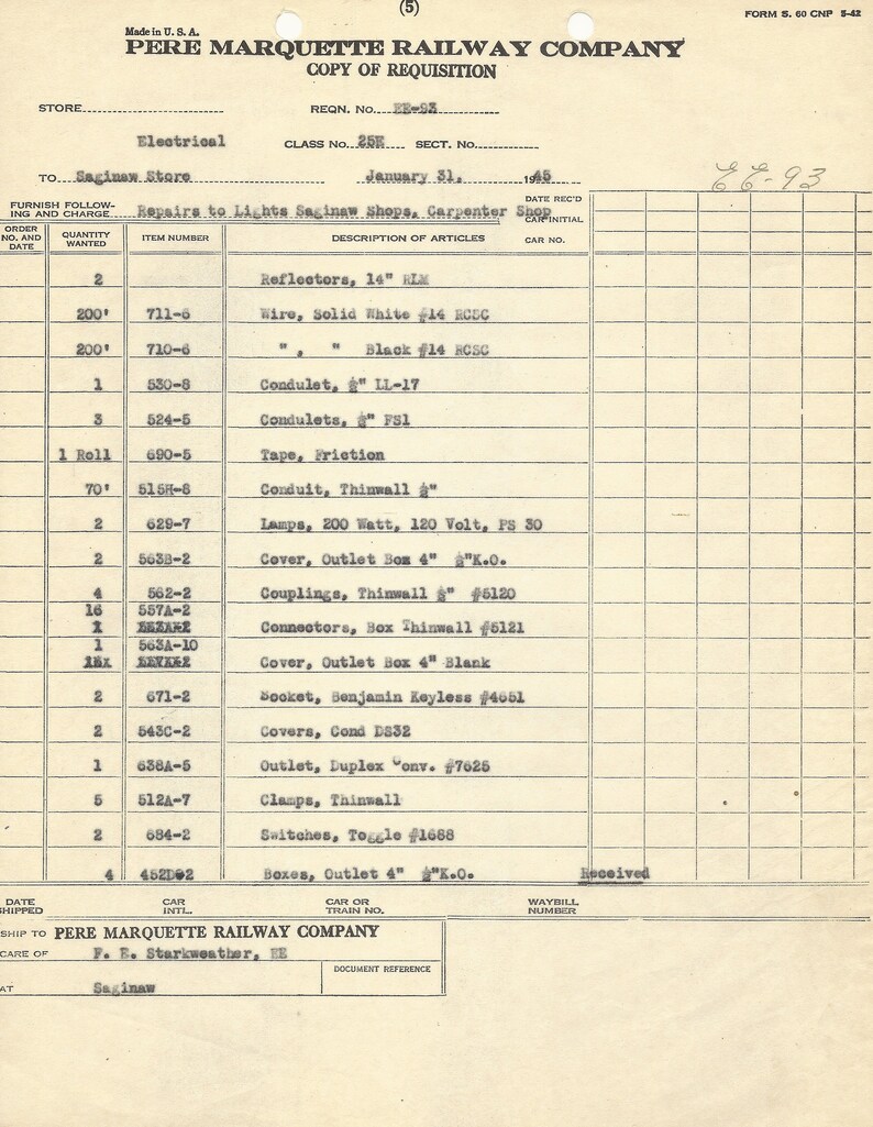 Pere Marquette Railway Co. Copy of Requisition Paperwork - Etsy