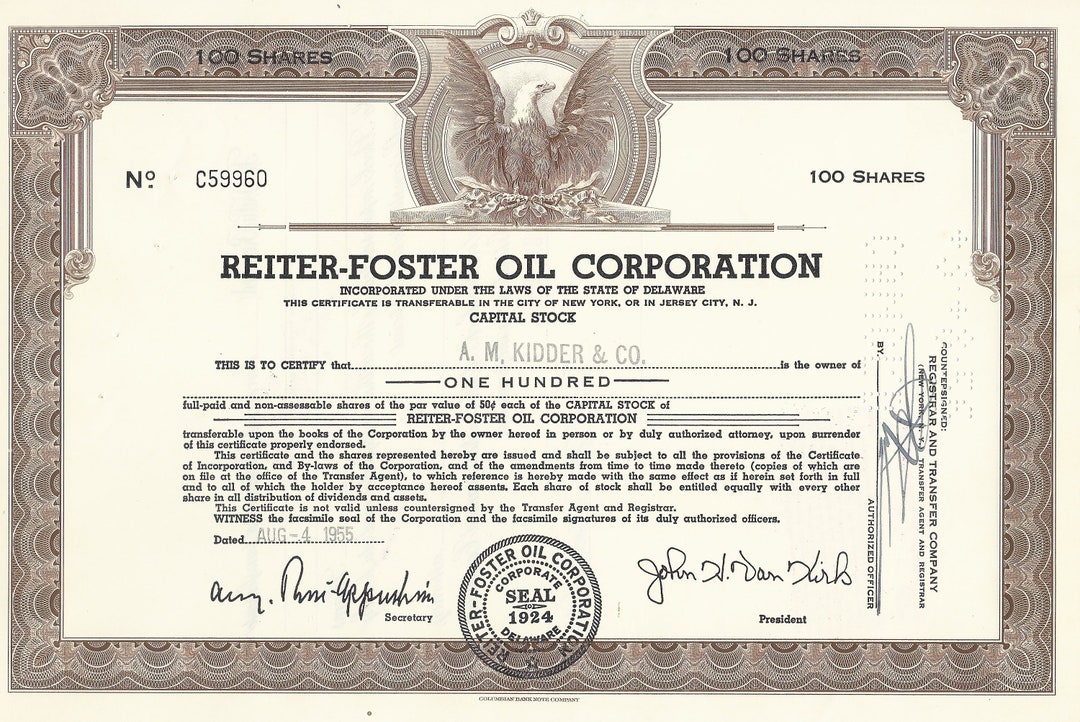 Reiter-foster Oil Corp. Stock Certificate - Etsy
