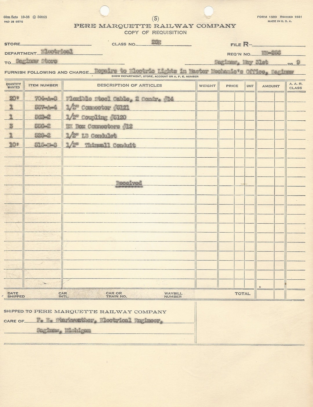 Pere Marquette Railway Co. Copy of Requisition Paperwork 1939-40 - Etsy