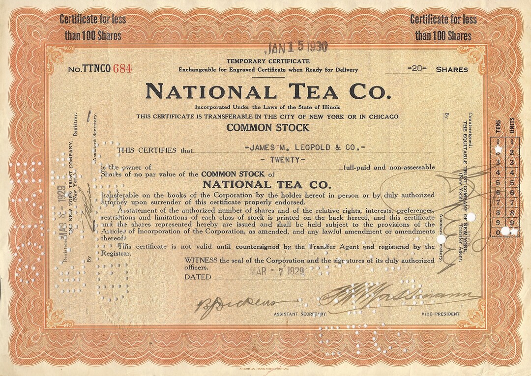 National Tea Co. Stock Certificate - 1920's - Etsy
