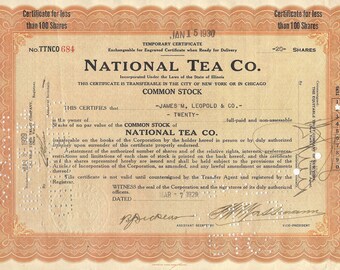 National Tea Co. Stock Certificate 1950's - Etsy