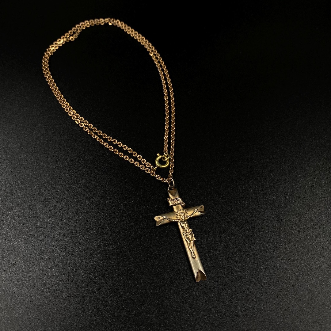 Antique Inri Cross Pendant, Large Cross With Chain, Jesus Cross, Gold ...