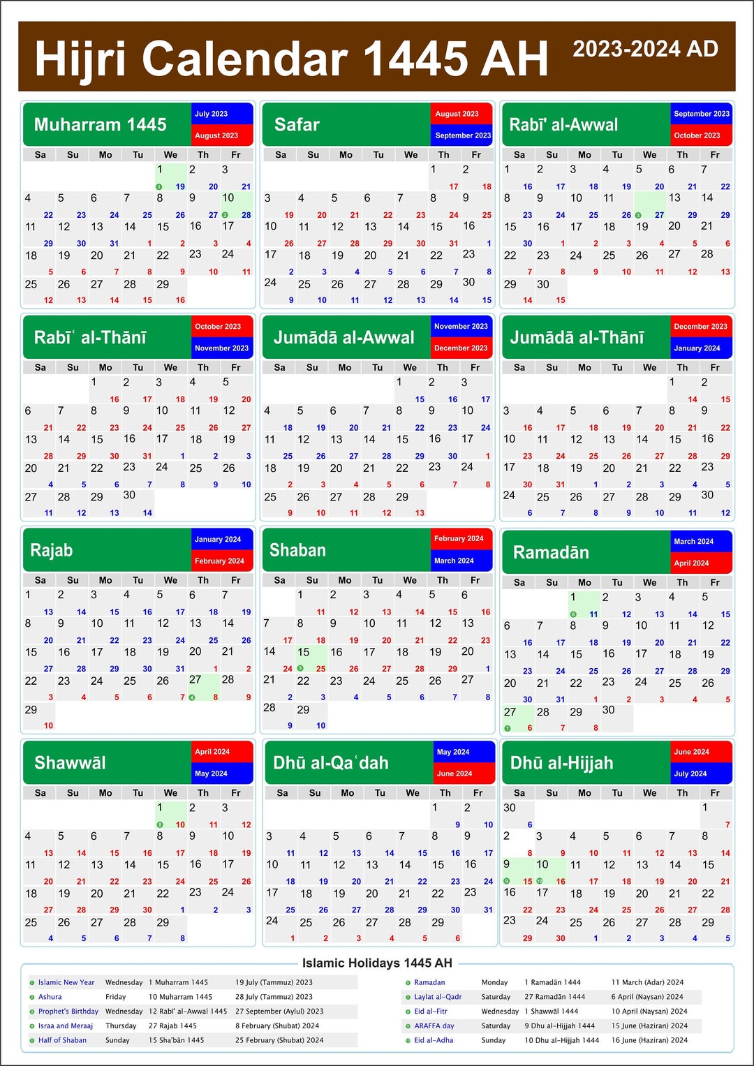 Buy Islamic Hijri Wall Calendar 1445 AH With Colour Coded Gregorian ...