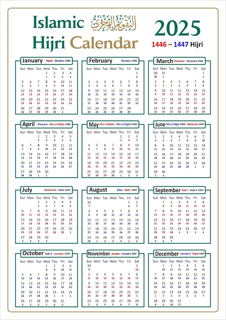 2025 Islamic Calendar With Colour Coded 1446 and 1447 AH Dates ...