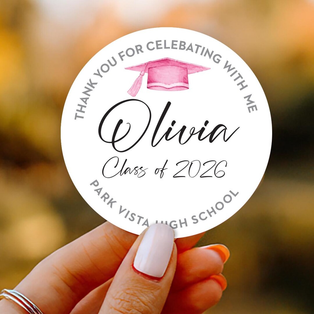 Gradution Party Favor Class of 2026 Graduation Round Label - Pink Cap ...