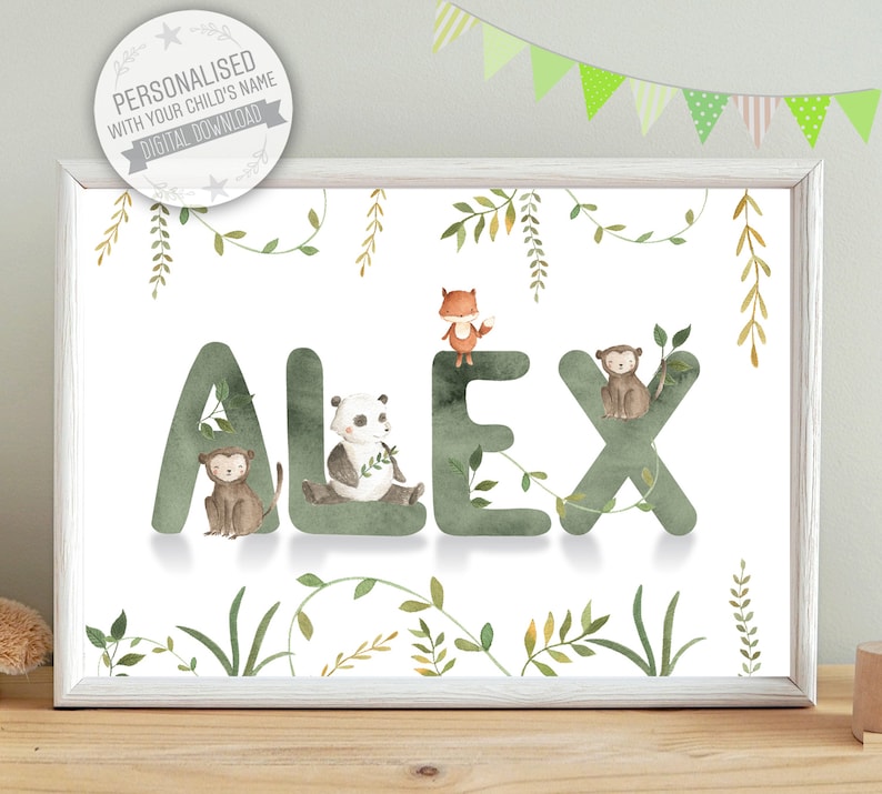Jungle Nursery Theme| Custom Baby Jungle Name Print | Digital Nursery ...