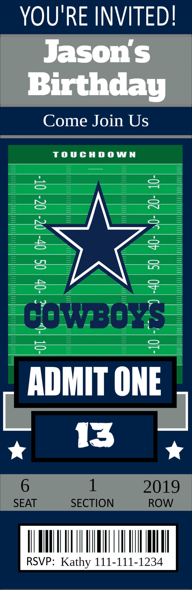 Dallas Cowboys Custom 2x6 Ticket Invitation Editable Etsy