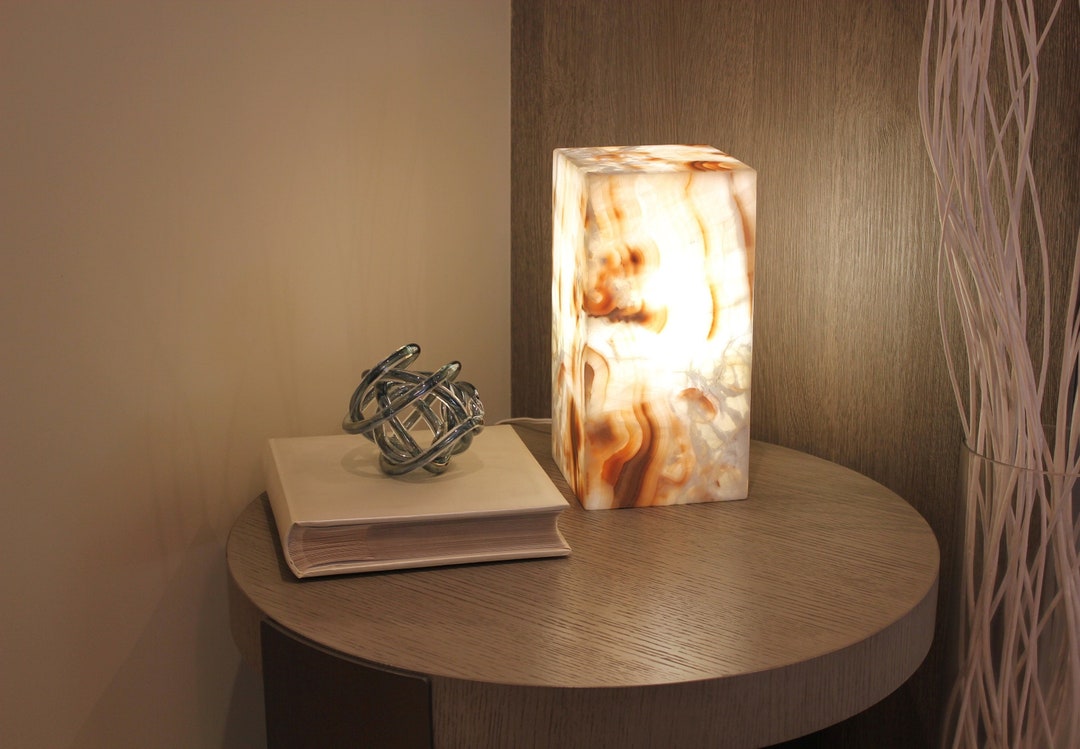 Cloudy White Onyx Table Lamp With Golden Natural Veins - 12" or 16" - Etsy