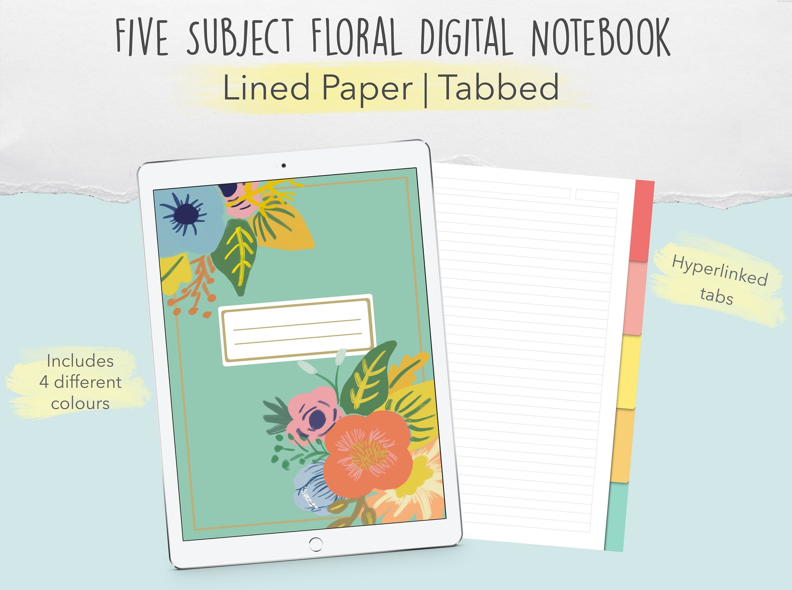 5 Subject Digital Notebook Floral-themed Tabbed Lined - Etsy