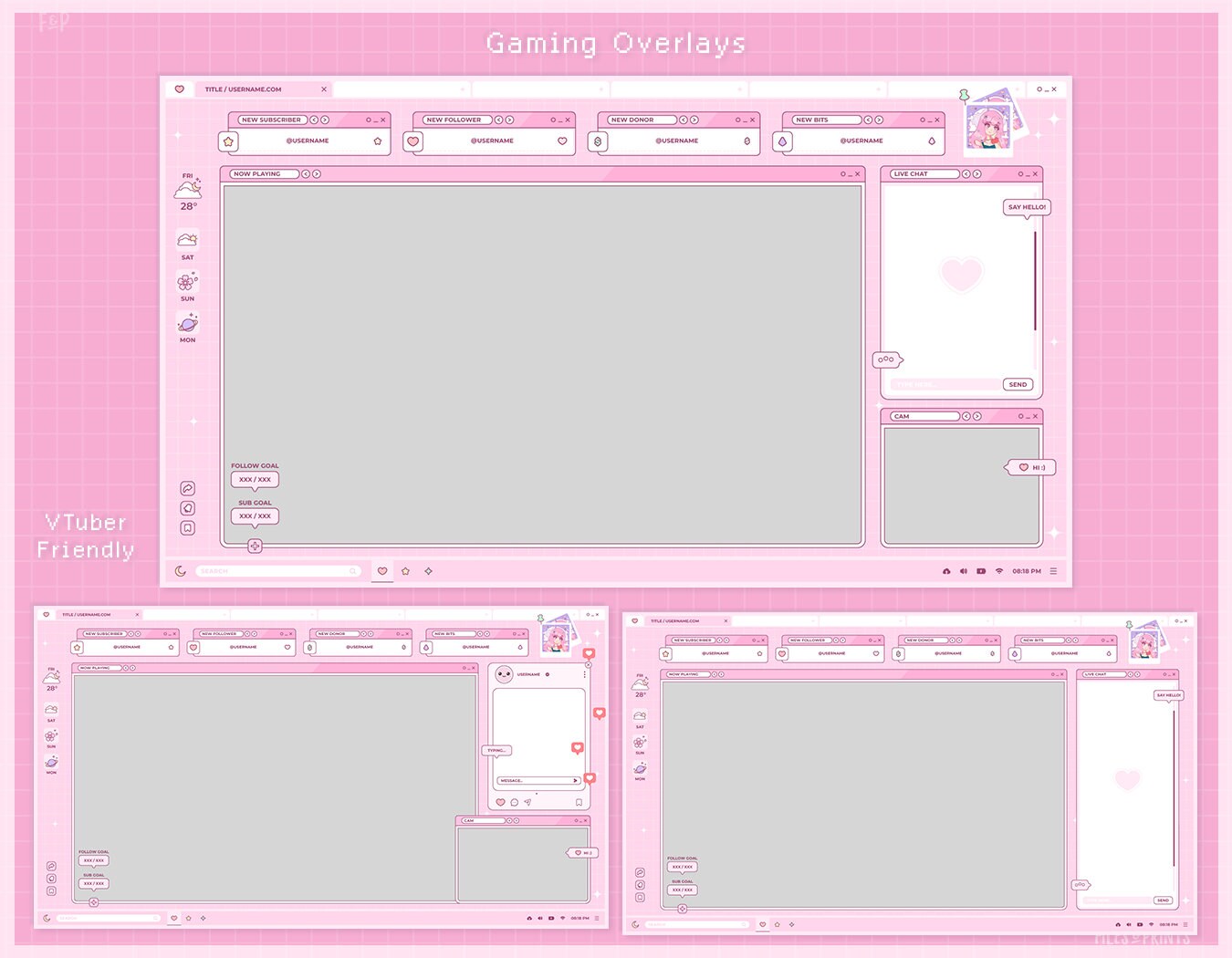 Twitch Stream Package, Animated Pink Pixel Overlay, Vtuber Customizable ...