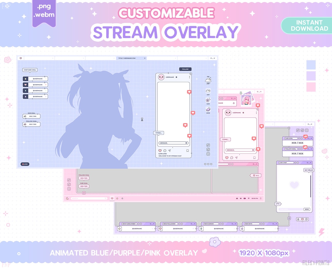 Twitch Stream Package Animated Blue Pink Purple Pixel Overlay Vtuber ...