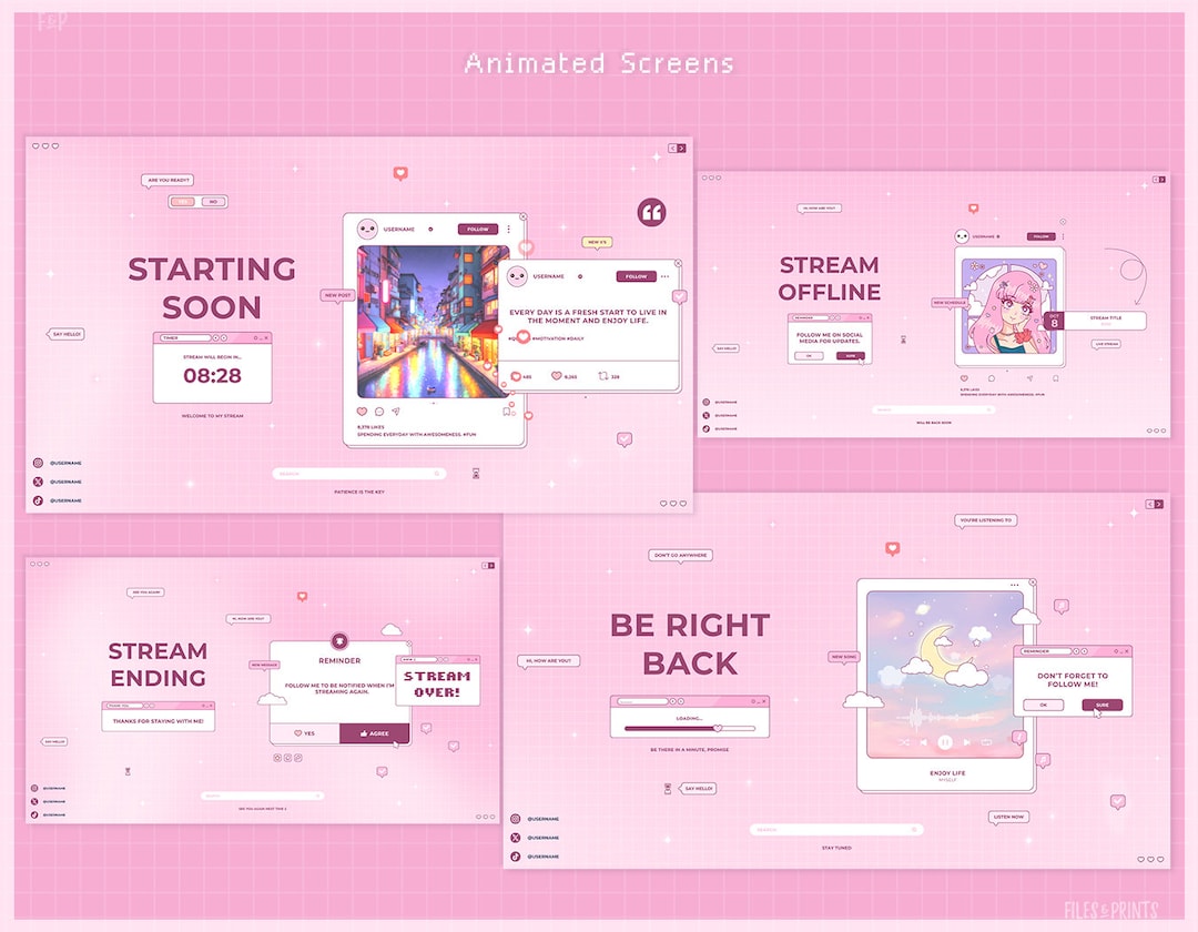 Twitch Stream Package, Animated Pink Pixel Overlay, Vtuber Customizable ...