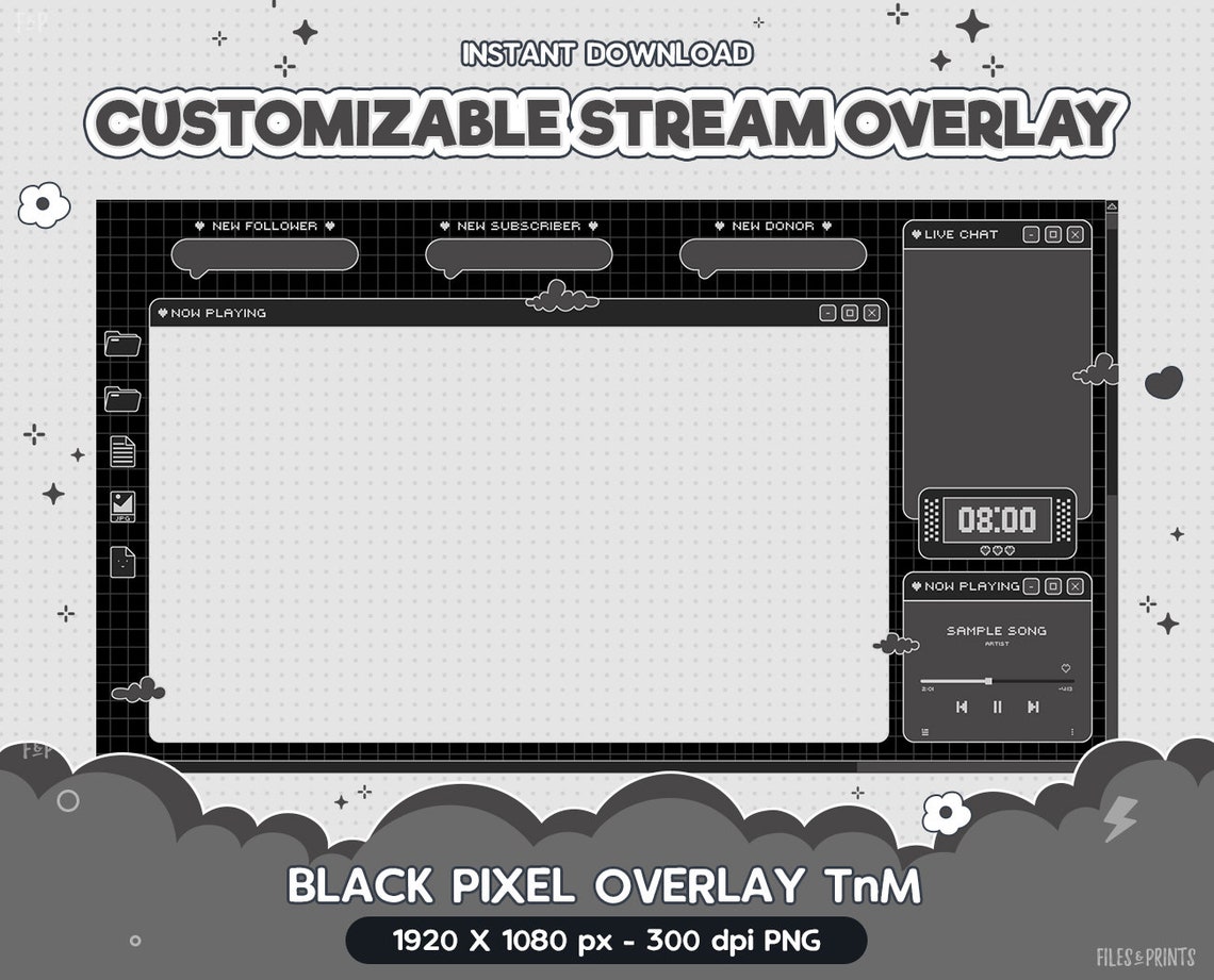 Twitch Stream Package, Black Pixel Overlay W/ Time and Music Player ...