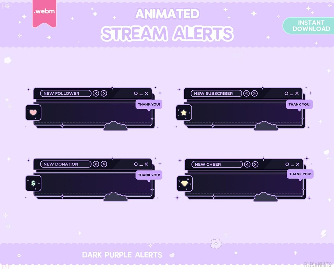 8 Purple Dark Animated Alerts Twitch Stream Pixel Overlay Vtuber Kawaii ...