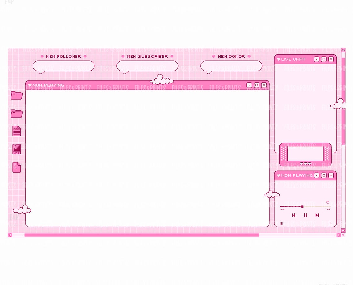Twitch Stream Package, Pink Pixel Overlay W/ Time and Music Player ...