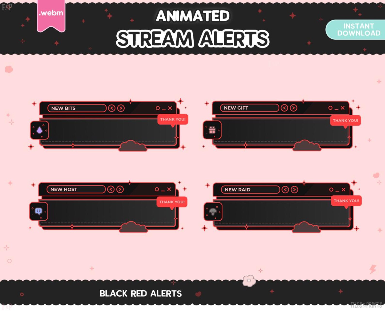 8 Black Red Animated Alerts Twitch Stream Pixel Overlay Vtuber Kawaii ...