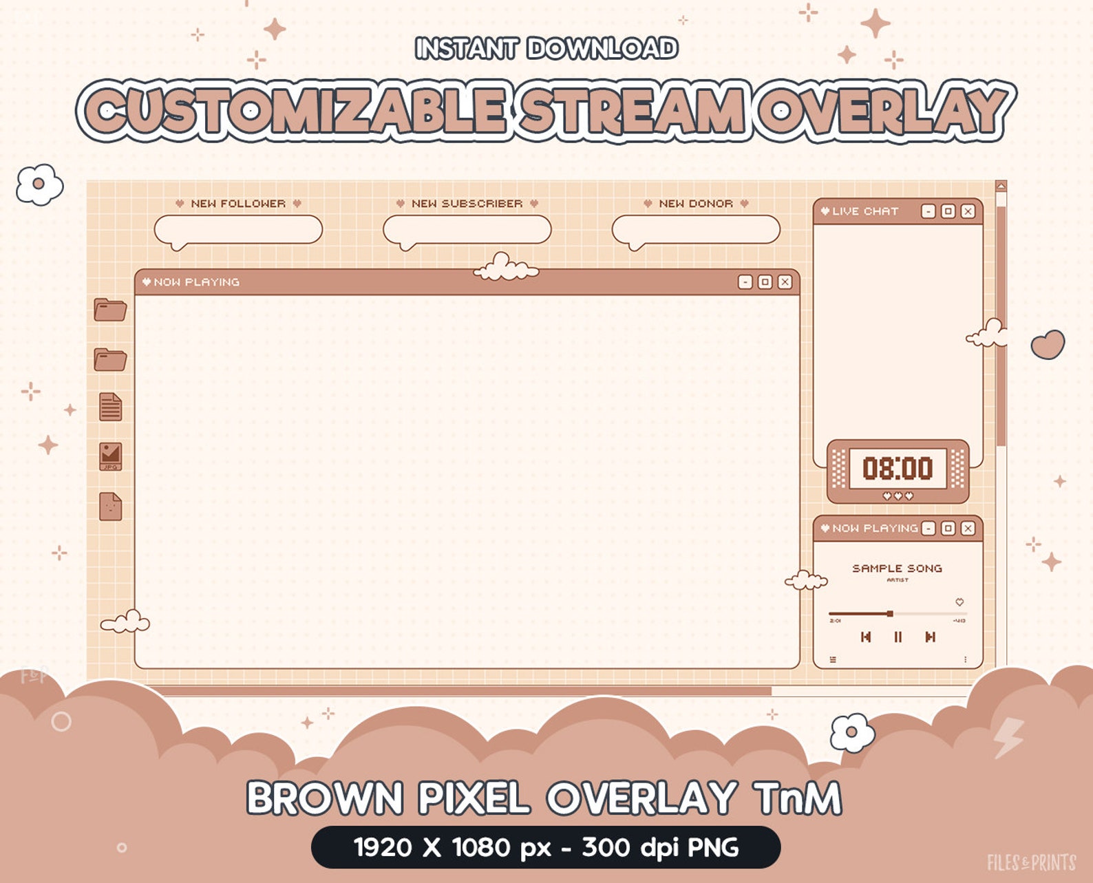 Twitch Stream Package Brown Pixel Overlay W/ Time and Music | Etsy