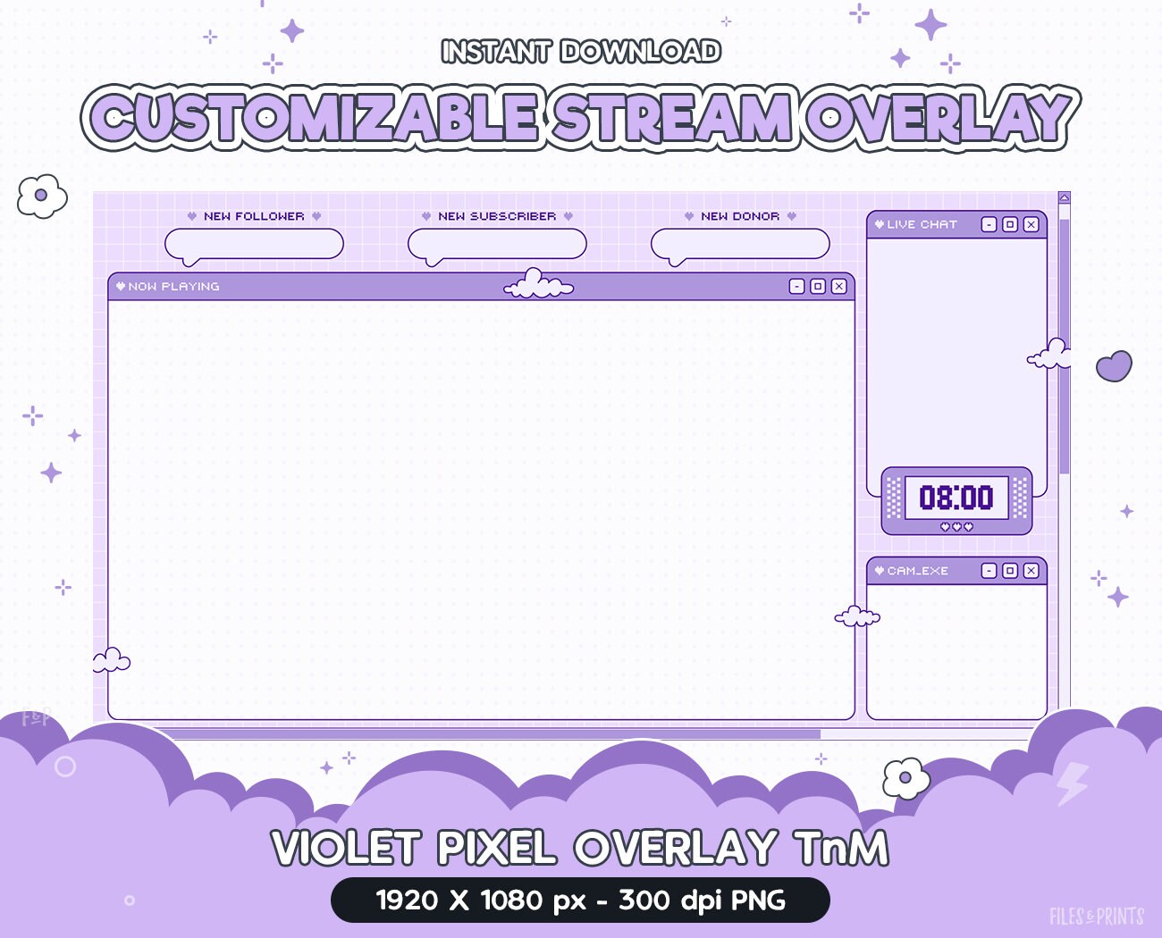 Twitch Stream Package, Violet Pixel Overlay W Time and Music Player ...