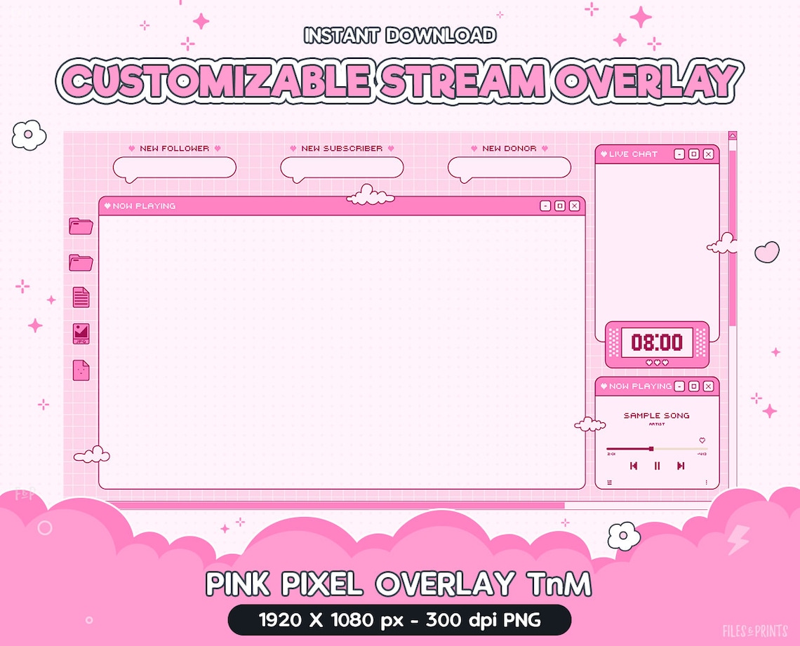 Twitch Stream Package, Pink Pixel Overlay W/ Time and Music Player ...