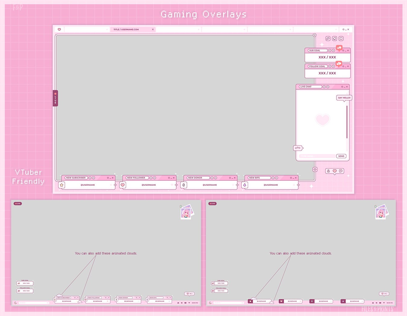 Twitch Stream Package, Animated Pink Pixel Overlay, Vtuber Customizable ...