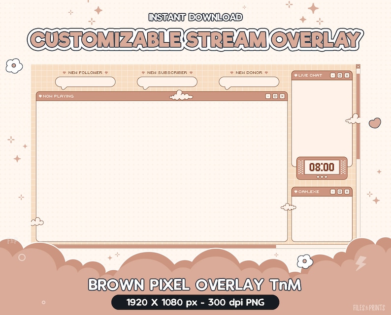 Twitch Stream Package, Brown Pixel Overlay W/ Time and Music Player ...
