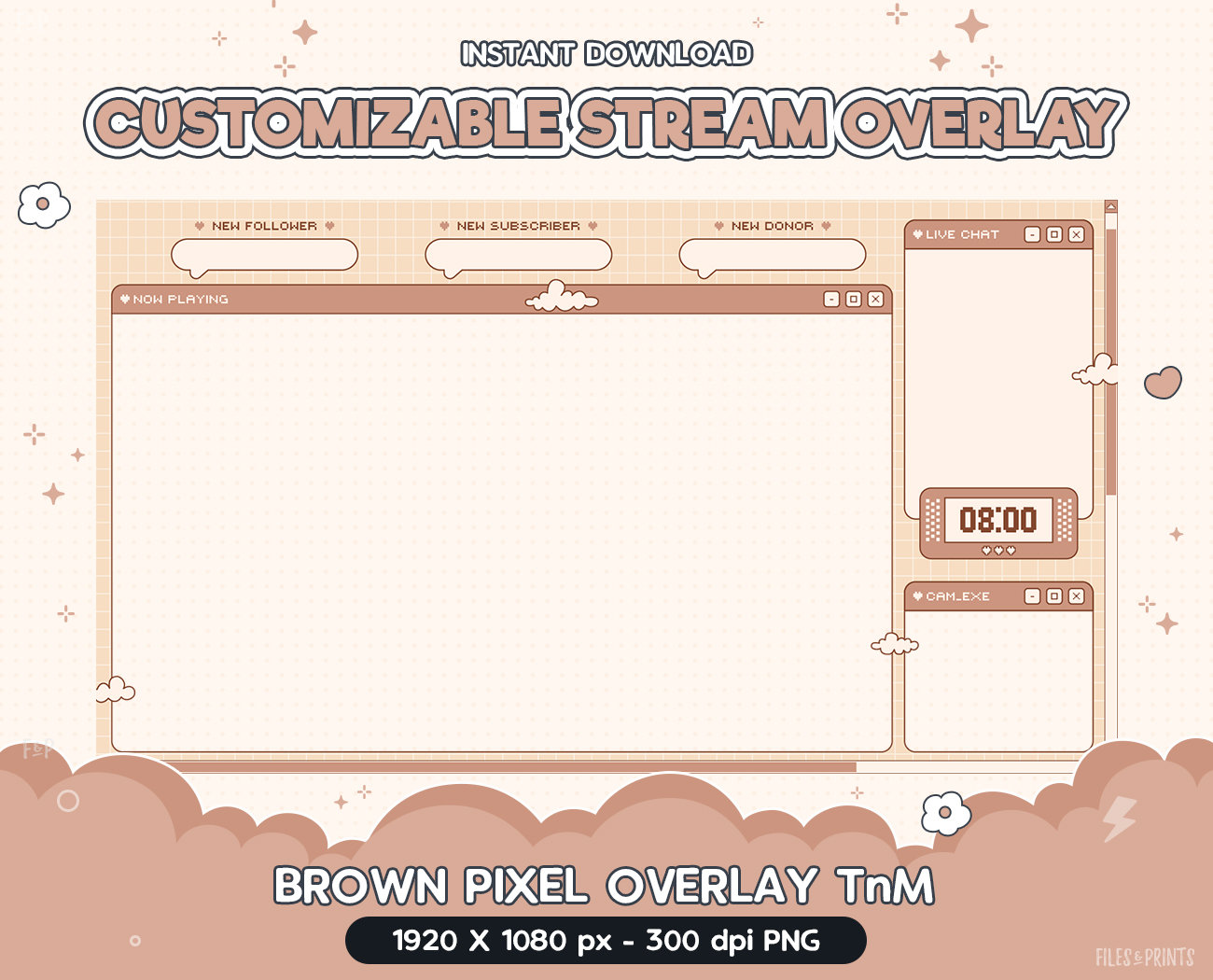Twitch Stream Package Brown Pixel Overlay W/ Time and Music | Etsy