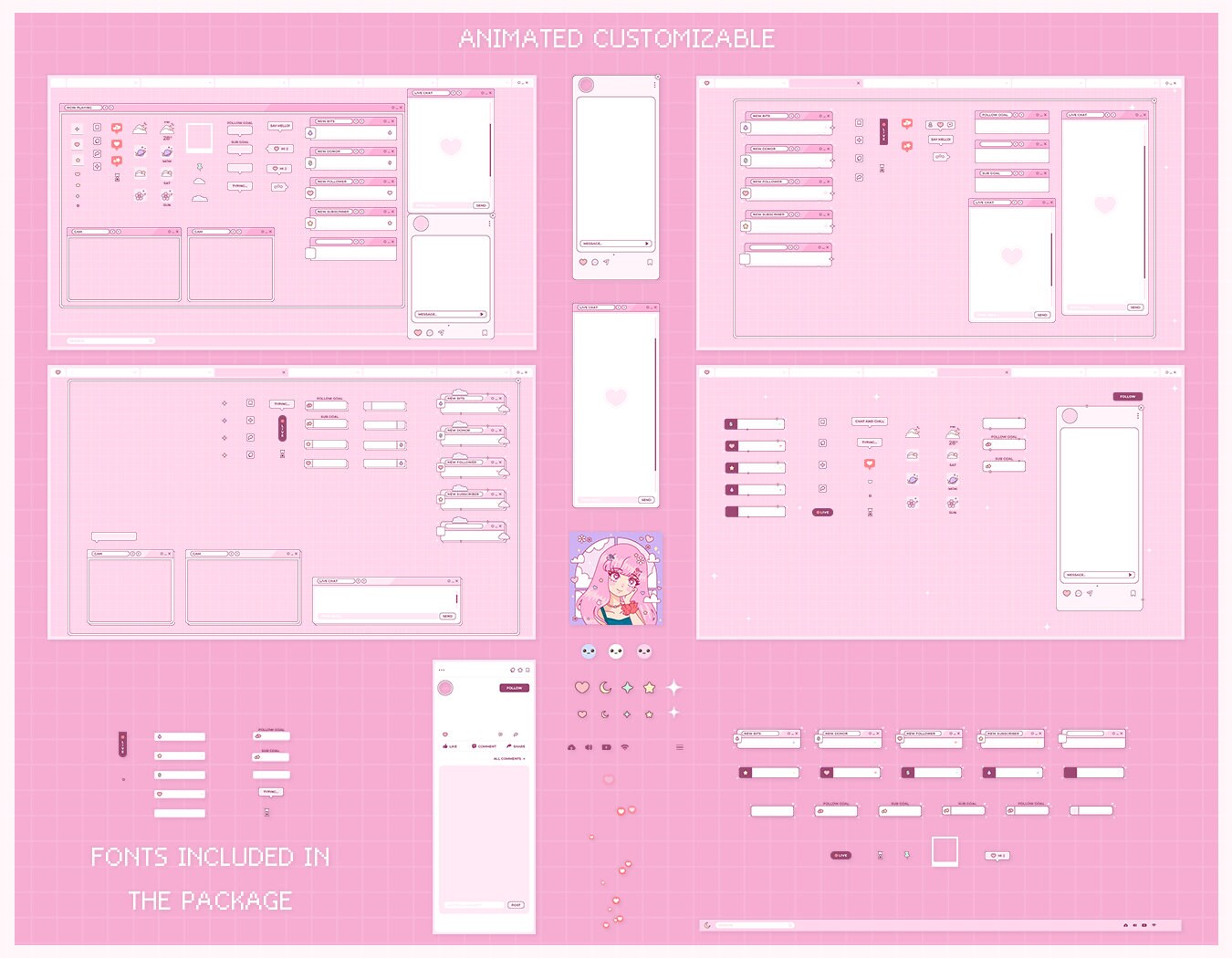 Twitch Stream Package, Animated Pink Pixel Overlay, Vtuber Customizable ...