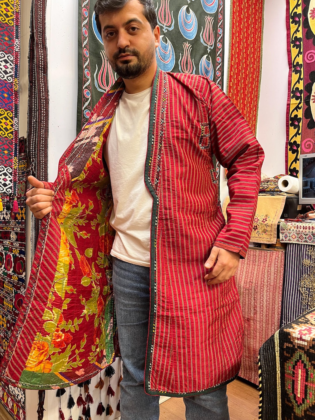 Antique Turkmen Kaftan Pure Silk Ikat Chapan Traditional Clothing ...