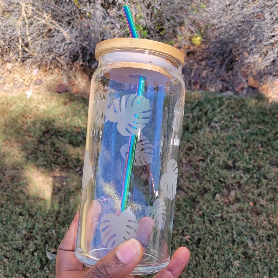 Monstera Leaf Etch Glass, Iced Coffee Glass, Etch Glass Cup, Glass ...
