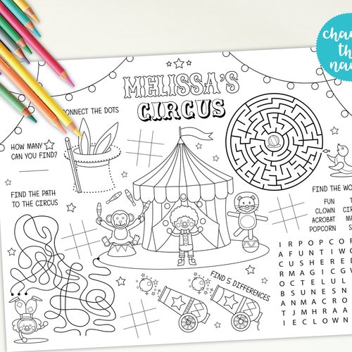 Circus Coloring Placemat DIGITAL Carnival Party Table - Etsy