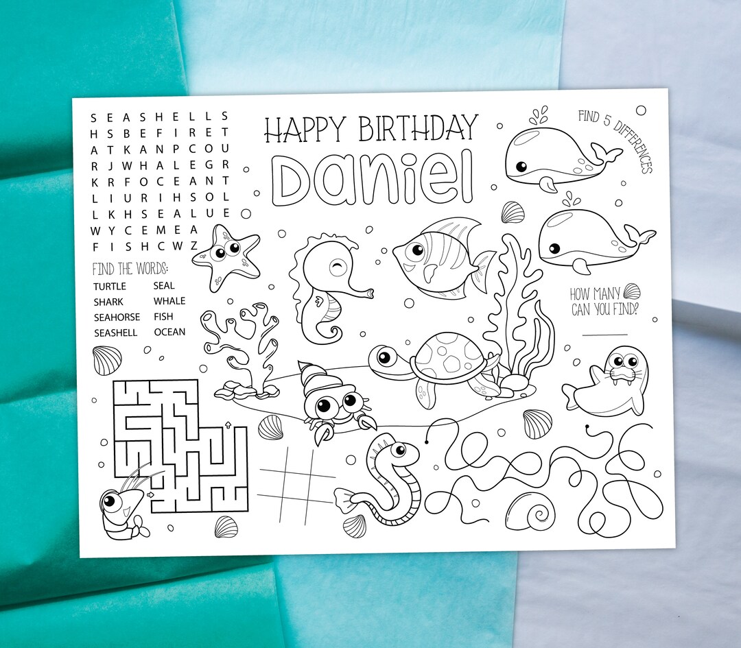 Sea Life Coloring Placemat DIGITAL | Underwater Birthday Party Sheet ...