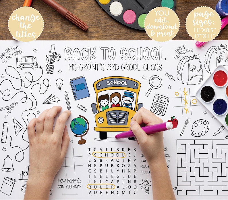 Back to School Coloring Placemat DIGITAL | First Day of School Activity ...