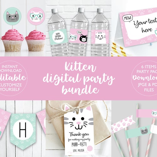 Kitten Happy Birthday Banner DIGITAL Cat Party Decoration - Etsy