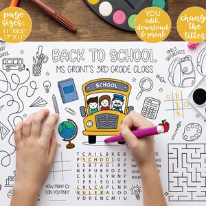 Back to School Coloring Placemat DIGITAL | First Day of School Activity ...