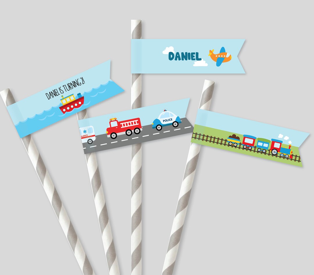 Transportation Birthday Straw Flags DIGITAL | Transport Party Paper ...