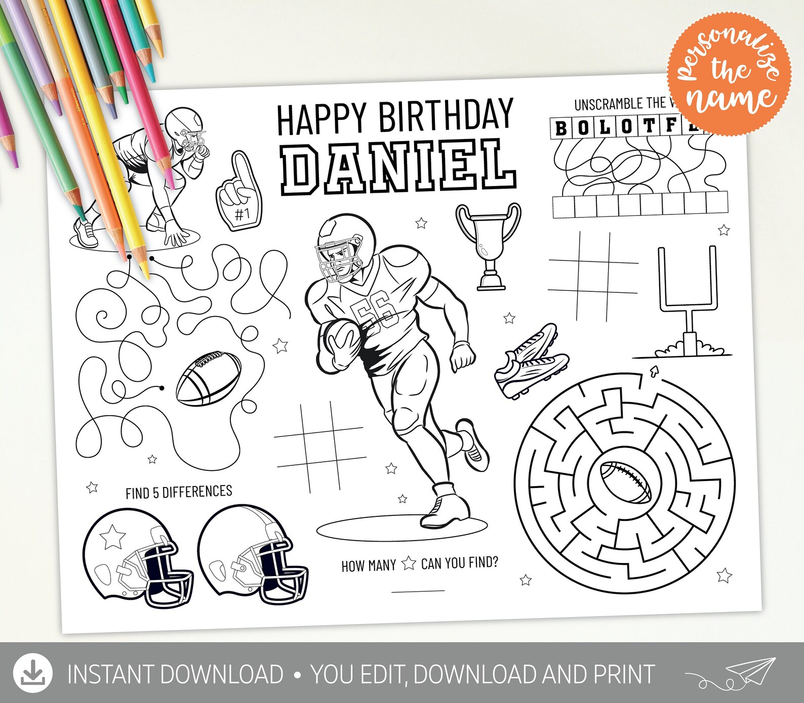 Football Coloring Placemat DIGITAL Party Activity Sheet - Etsy