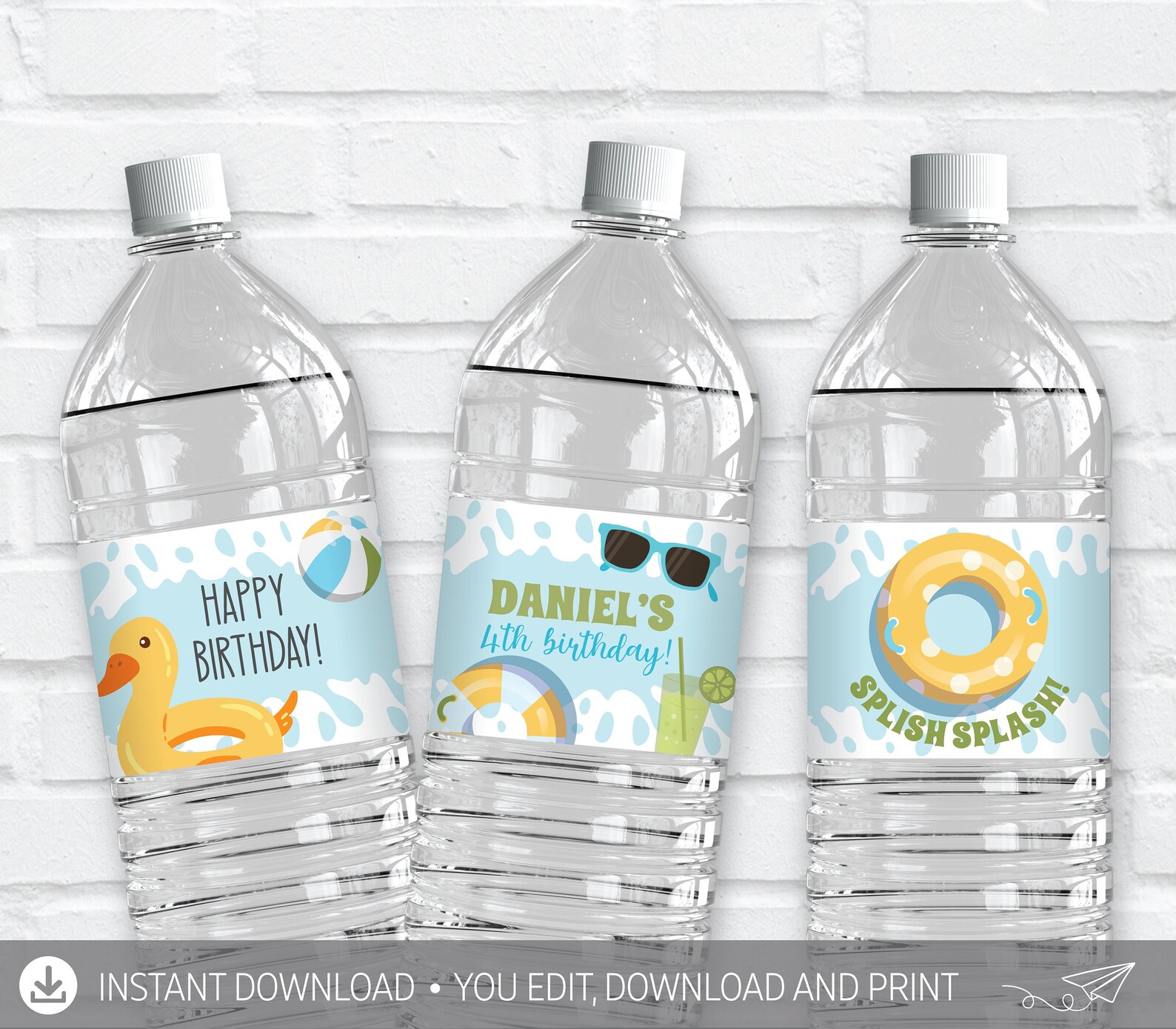 Pool Party Birthday Bottle Label DIGITAL Beach Summer Blue - Etsy