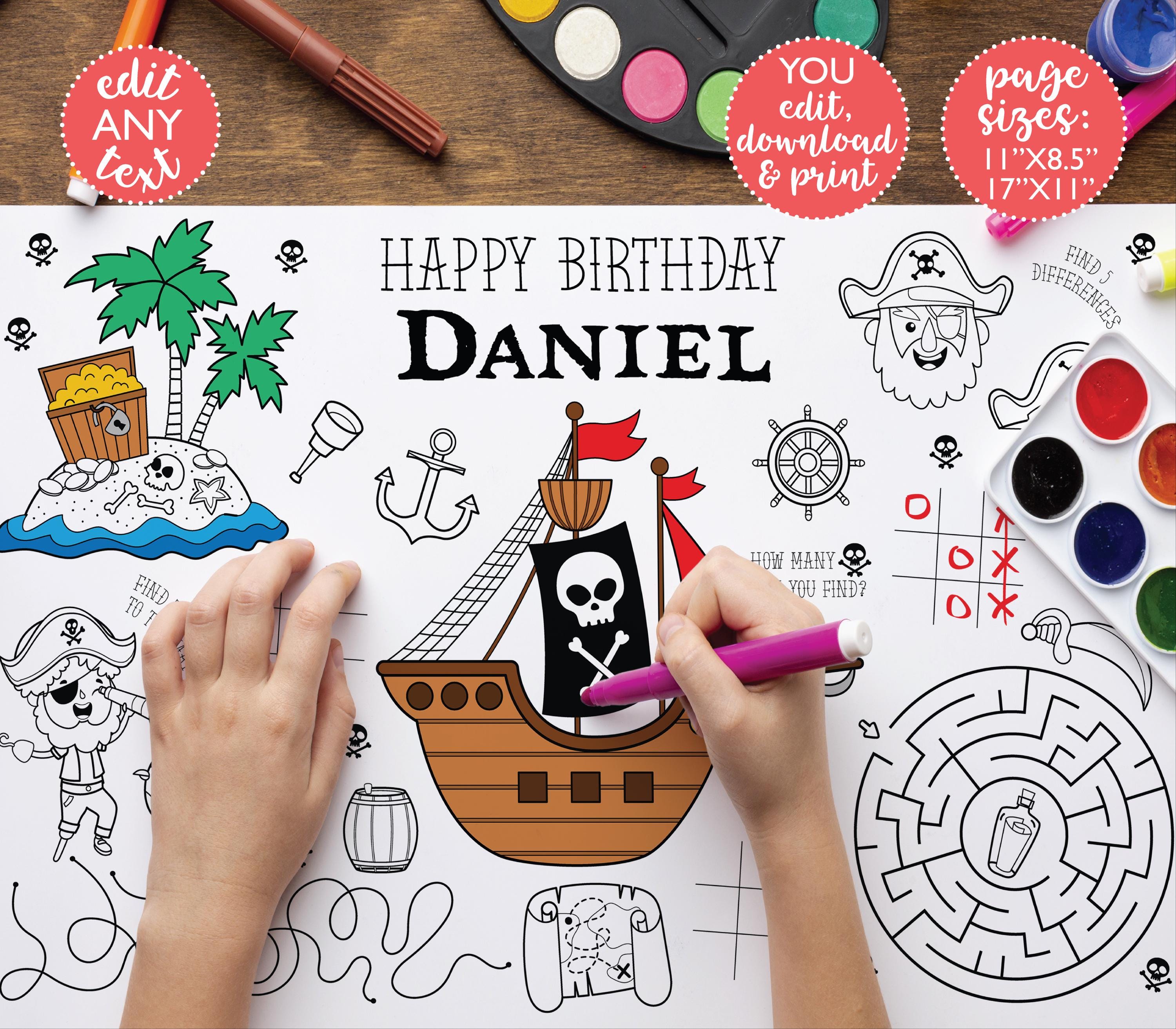 Pirate Coloring Placemat DIGITAL | Pirate Ship Party Activity Sheet ...