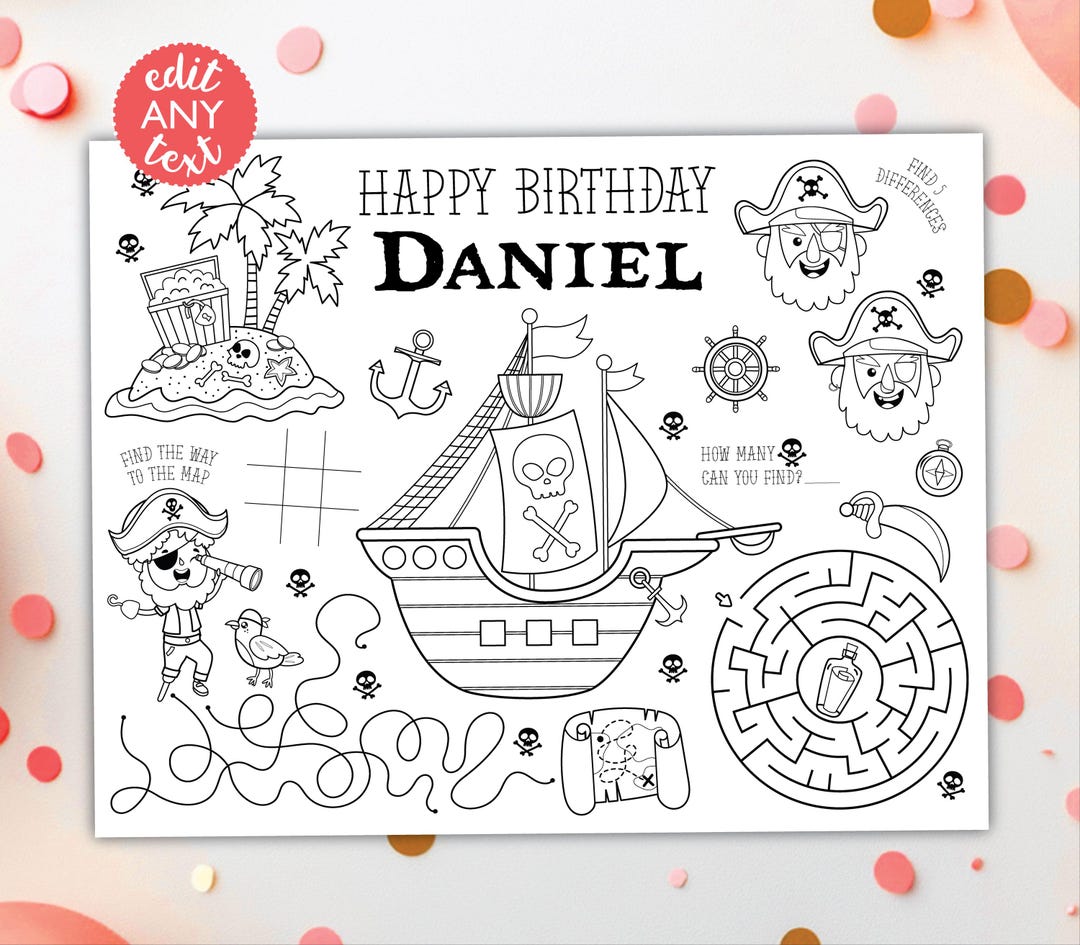 Pirate Coloring Placemat DIGITAL | Pirate Ship Party Activity Sheet ...