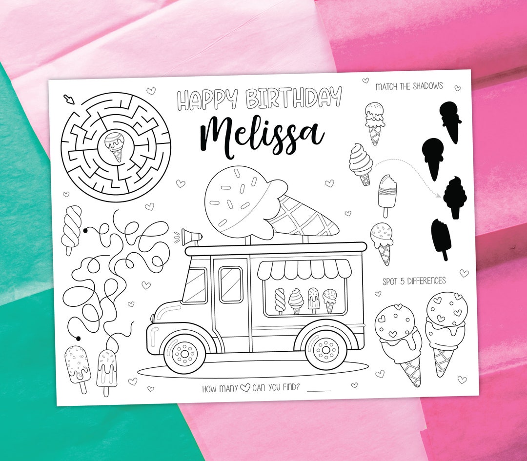 Ice Cream Truck Coloring Placemat DIGITAL Party Activity Kids Coloring ...