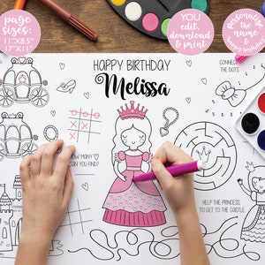 Princess Coloring Placemat DIGITAL | Fairytale Party Activity | Kids ...