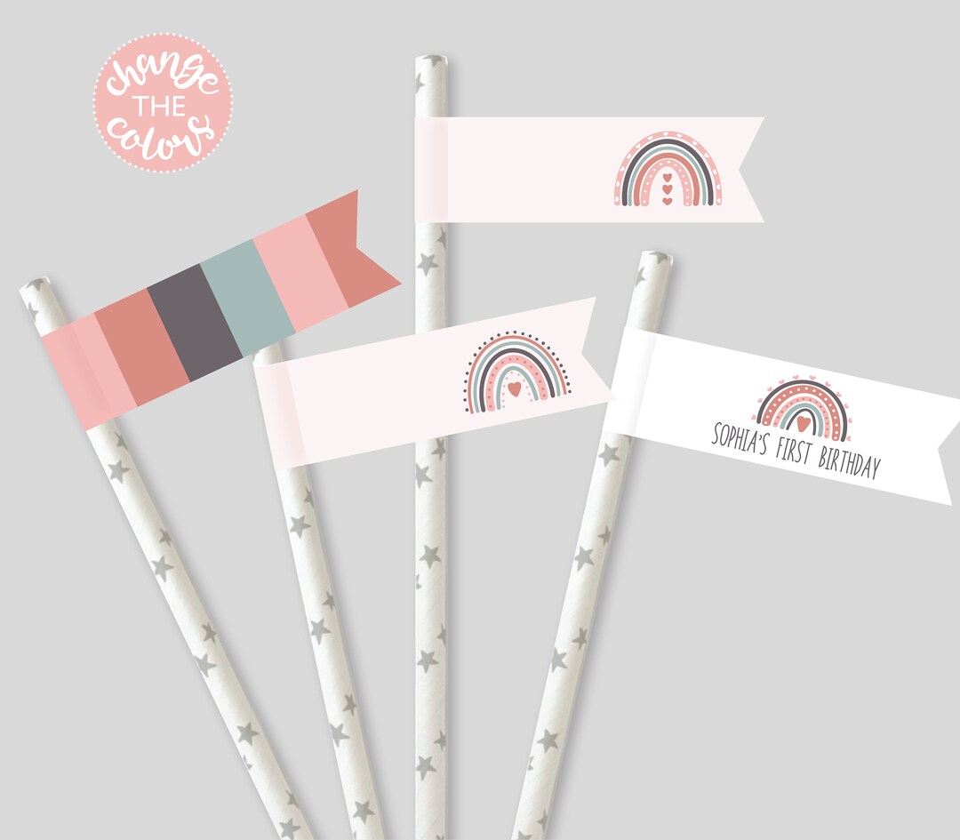 Boho Rainbow Birthday Straw Flags DIGITAL | Rainbow Party Paper Straw ...