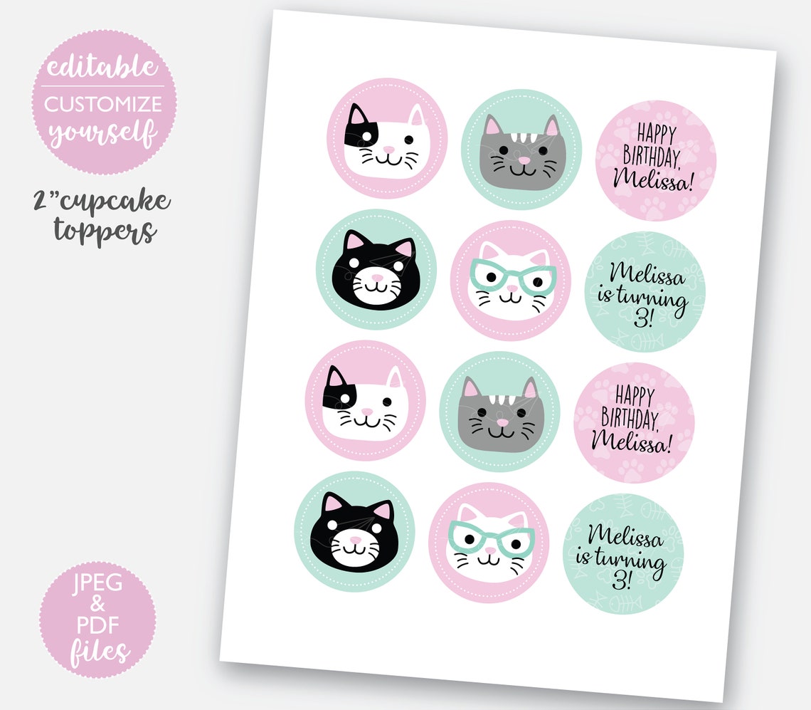 Kitten Birthday Cupcake Toppers DIGITAL | Cat Party Decoration | Kitty ...