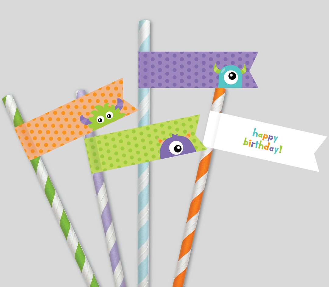 Monster Birthday Straw Flags DIGITAL | Little Monster Party Paper Straw ...