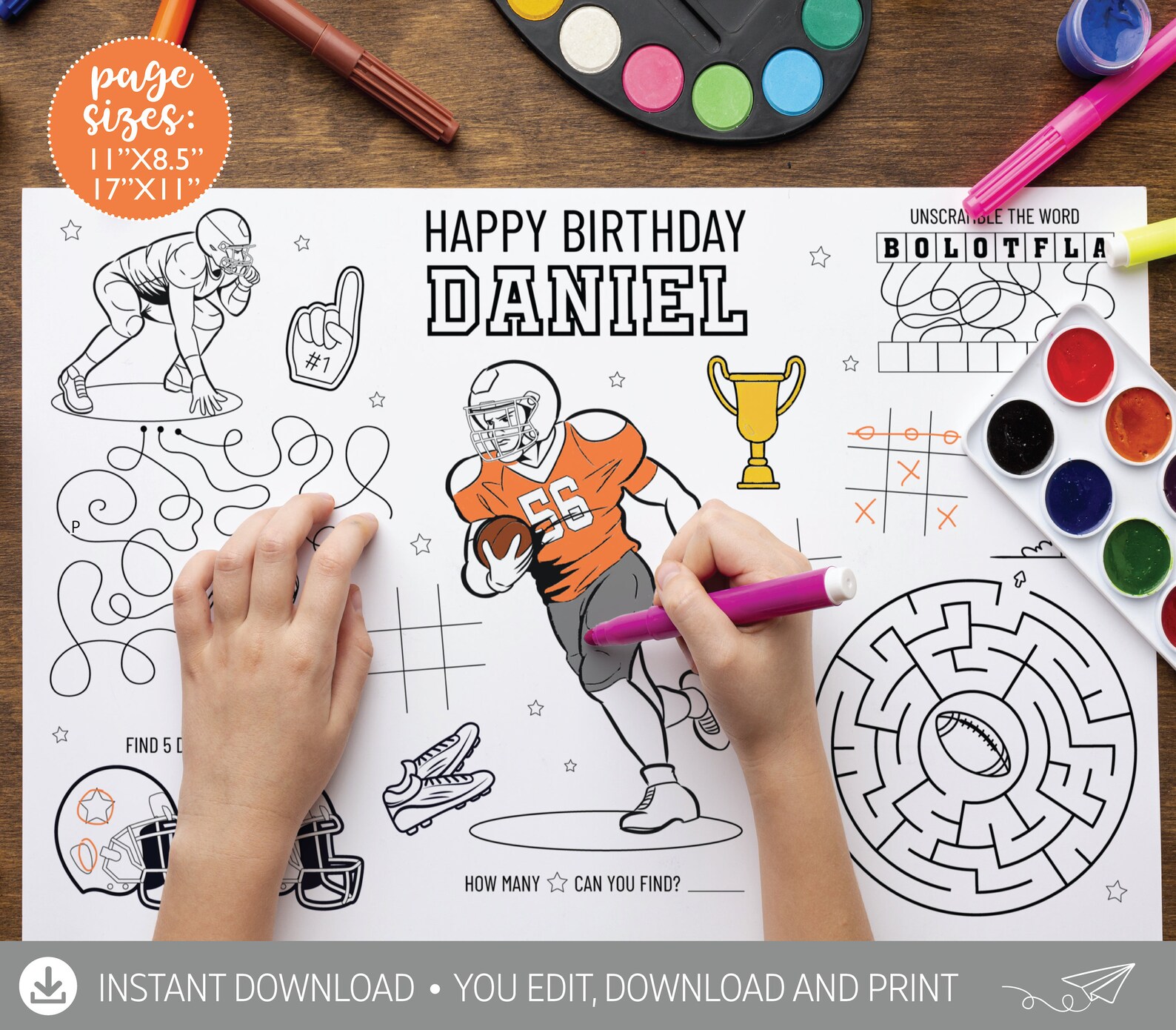 Football Coloring Placemat DIGITAL Party Activity Sheet - Etsy