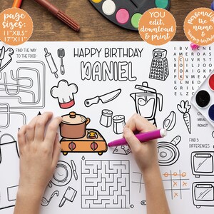 Cooking Coloring Placemat DIGITAL | Cook Party Activity Sheet | Kids ...