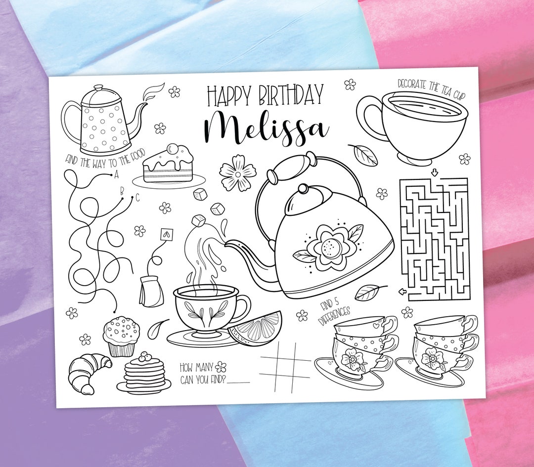 Tea Party Coloring Placemat DIGITAL | Party Activity Sheet | Kids ...