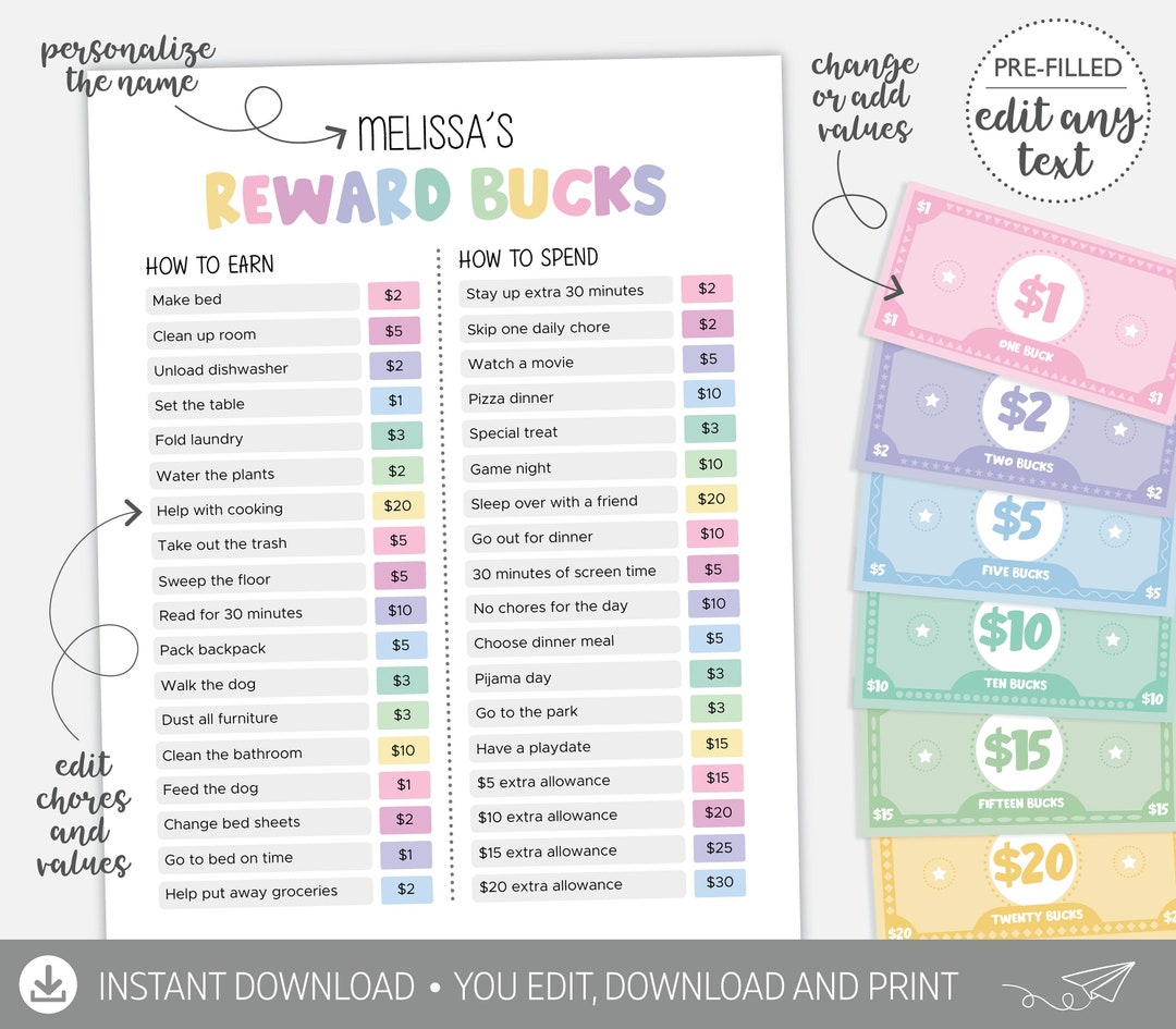 Reward Bucks for Kids DIGITAL Reward System Play Money - Etsy