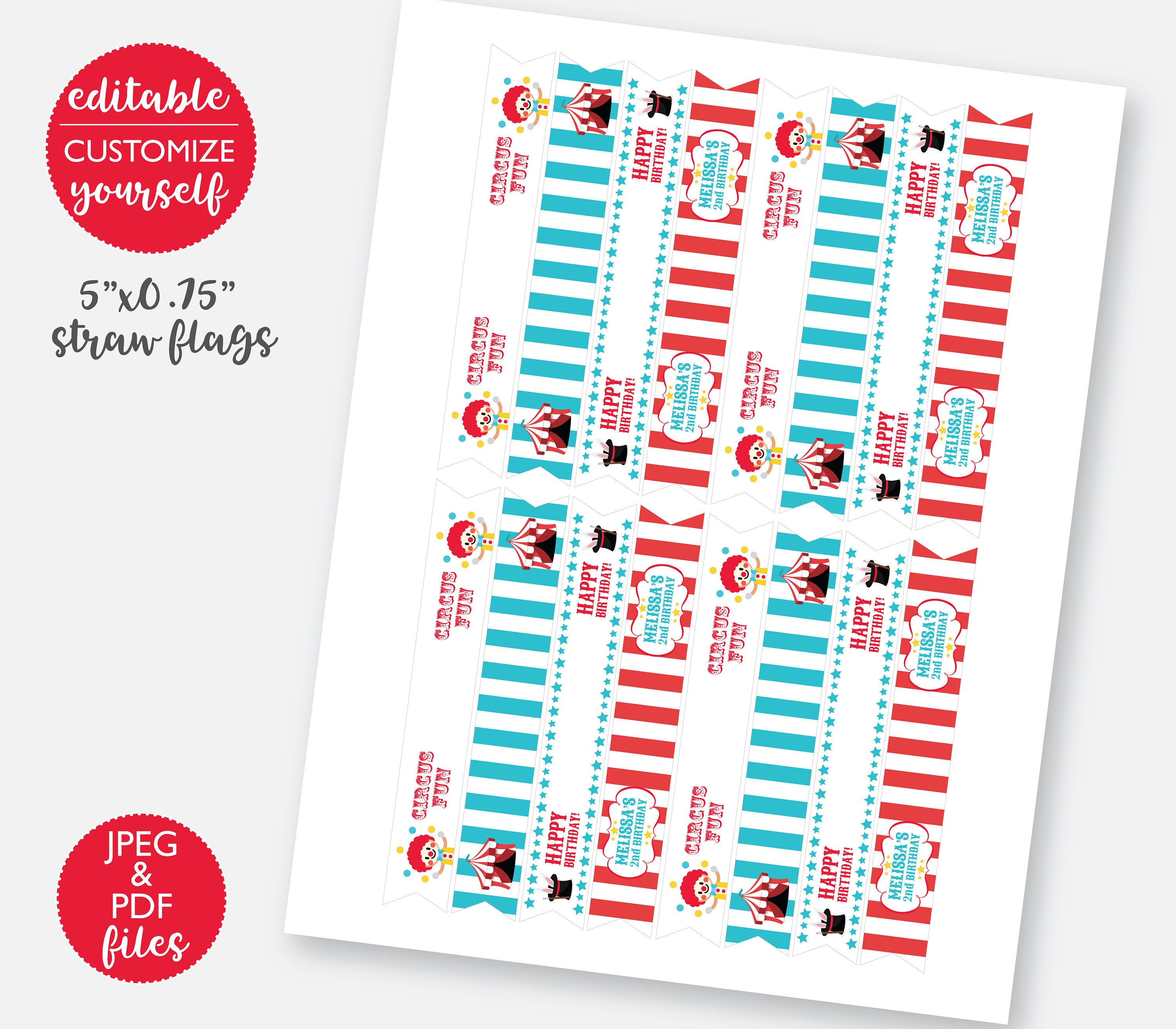 Circus Birthday Straw Flags DIGITAL | Carnival Party Paper Straw Label ...