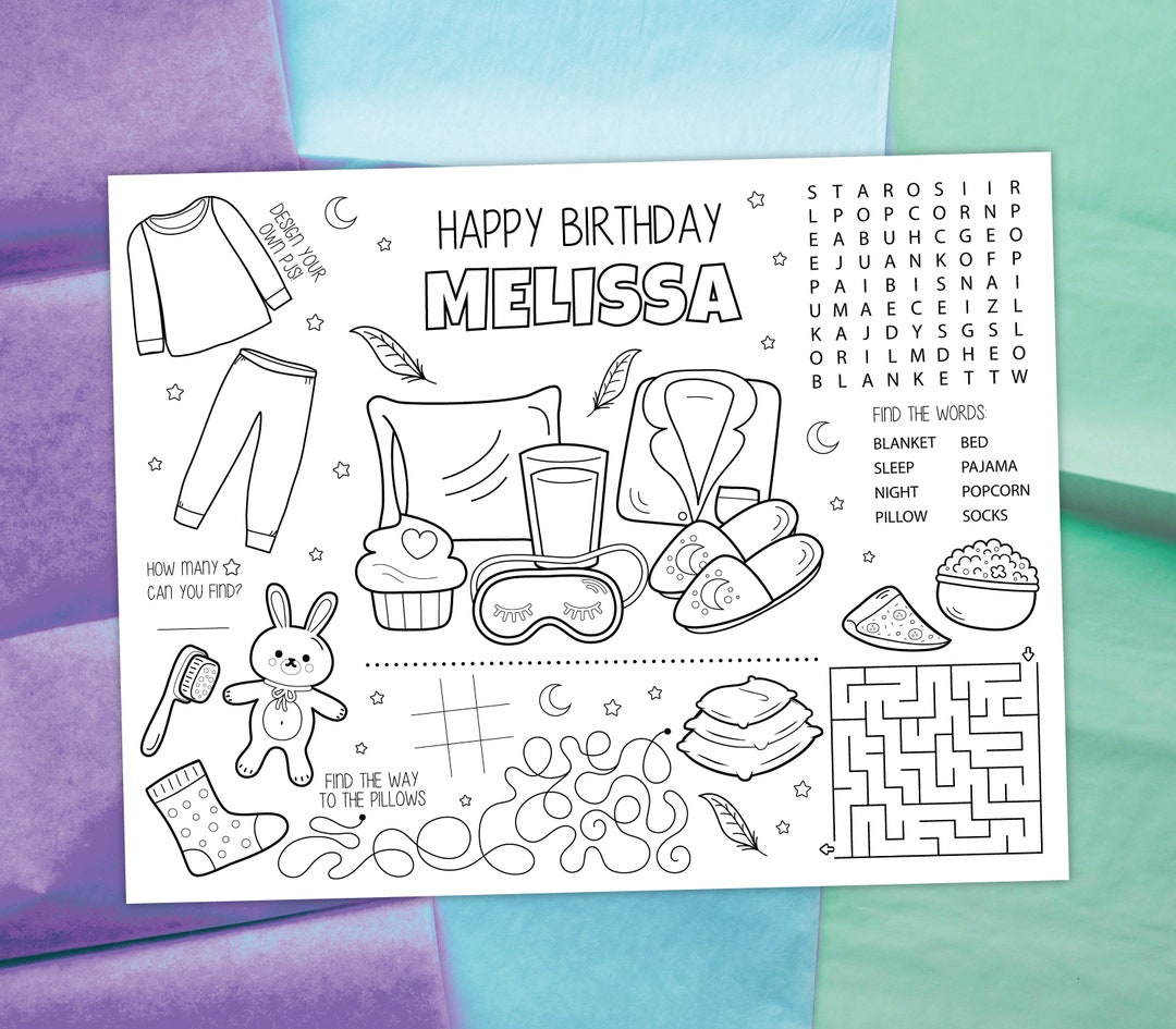 Pajama Party Coloring Placemat DIGITAL | Slumber Party Activity Sheet ...